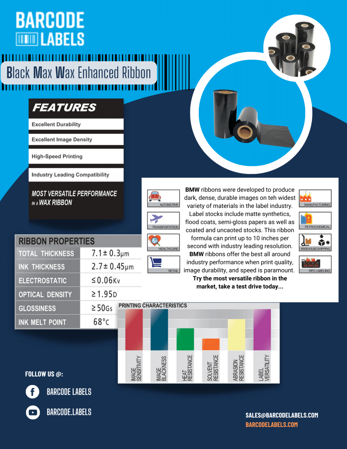 2.5" X 1345' BMW Sato Ribbon - Barcode Labels