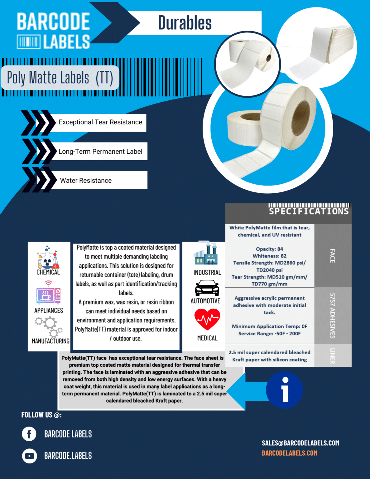 4" X 3" PolyMatte(TT) Removable Label, Perf - Barcode Labels