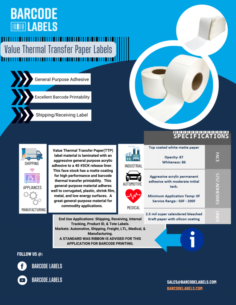 4" X 6" Thermal Transfer Paper Label, 3" Core - Barcode Labels