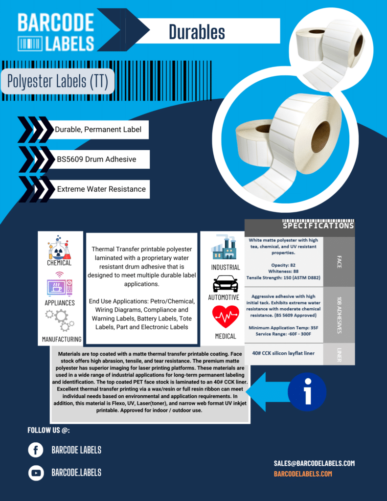 2" X 1" Matte PET Label - Barcode Labels