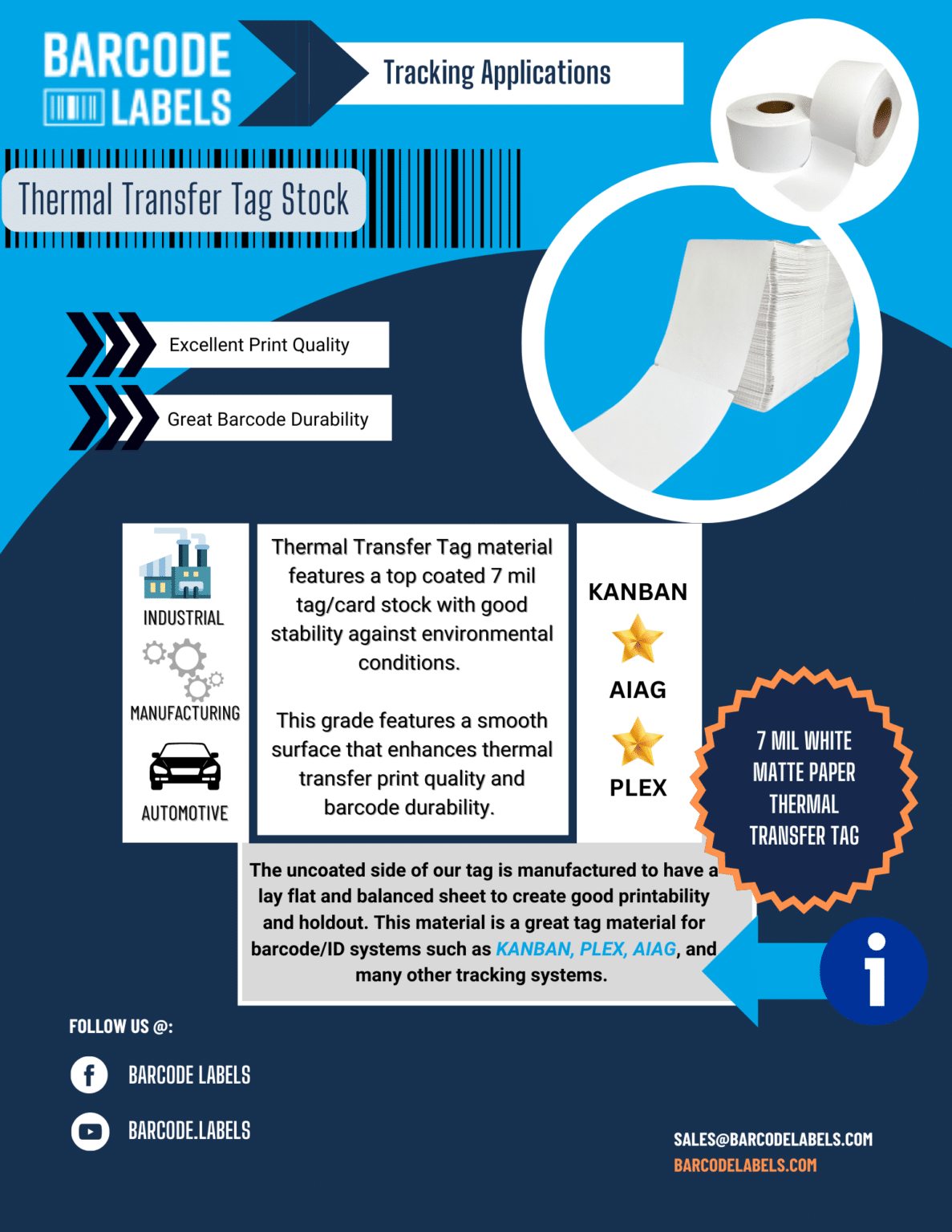 3.25" X 7.5" Thermal Transfer Tag(TTT), Fanfold - Barcode Labels